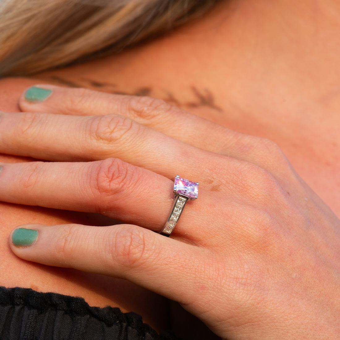 Emerald Radiant Art Deco Pink Moissanite Engagement Ring - Ethica Diamonds